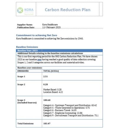 Carbon Reduction Plan Front Page - Kora Healthcare